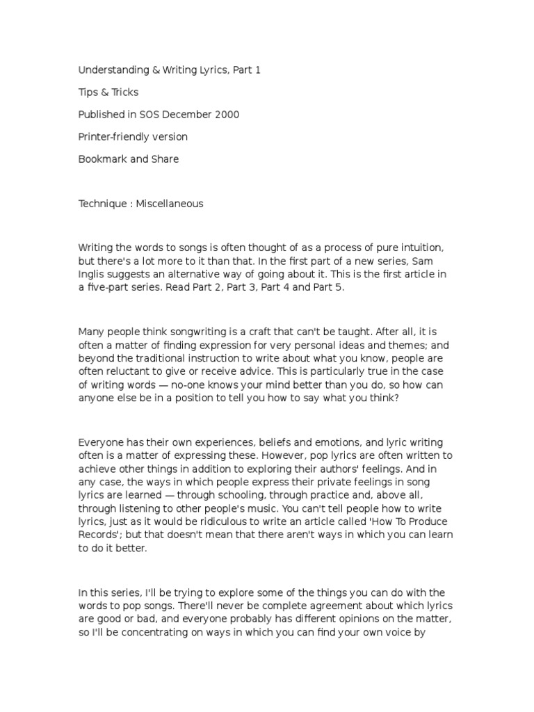 Understanding Writing Lyrics | PDF | Narration | Grammatical Tense