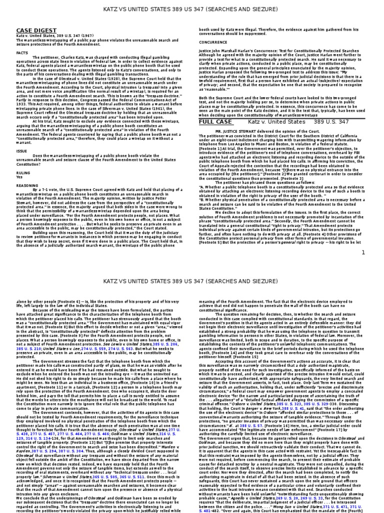 Katz VS Us | PDF | Search And Seizure | Fourth Amendment To The United ...