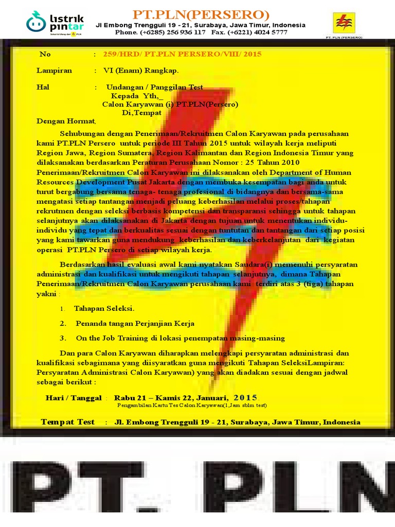 Surat Undangan Resmi Interview PT - PLN (PERSERO) | PDF | Karier ...
