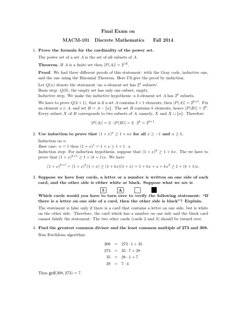 Discrete Mathematics Final Exam with Proofs of Cardinality of Power Set, Binomial Theorem ...