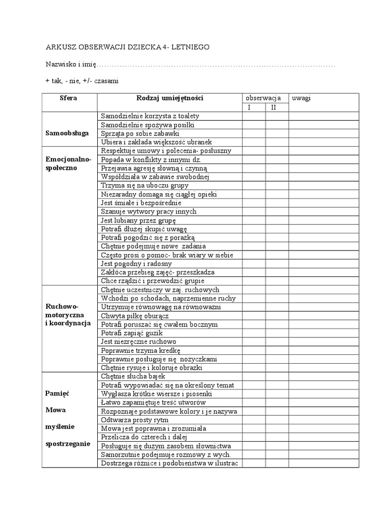 ARKUSZ OBSERWACJI - 4 Latki | PDF