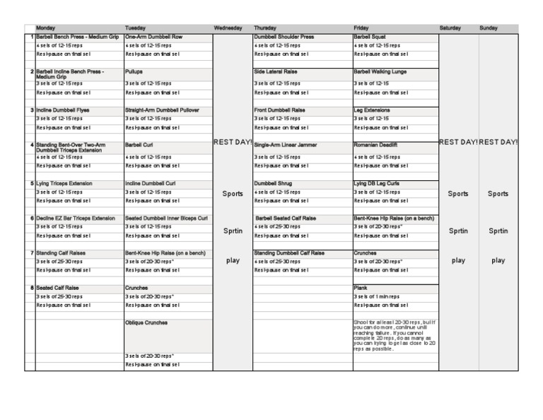 Weekly Workout and Rest Schedule | PDF | Cooking, Food & Wine