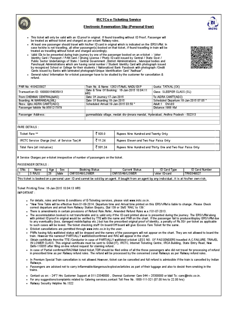 IRCTC Ticket Format | Identity Document | Ticket (Admission)