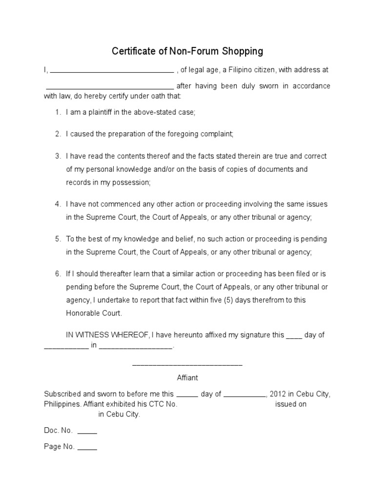 Certificate of Non-Forum Shopping Template | PDF