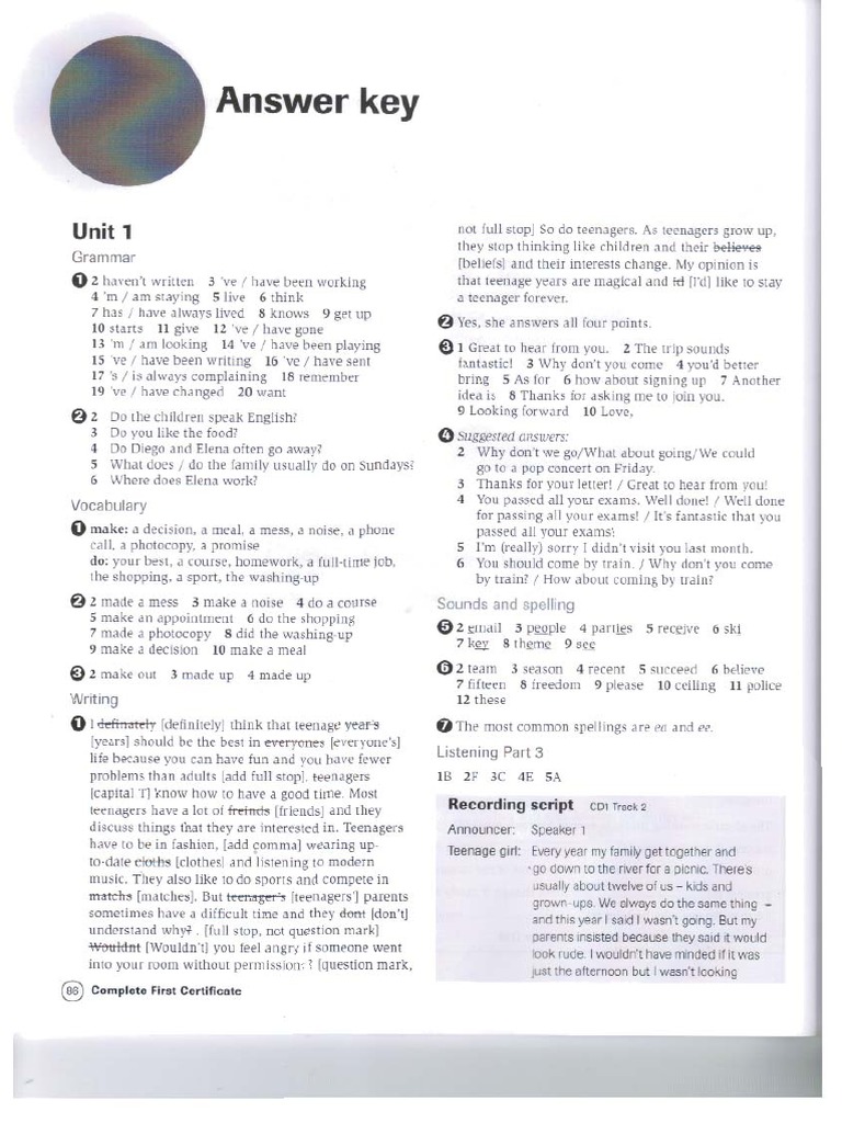 Answer Key For Complete Fce Workbook For Spanish Speakers | PDF