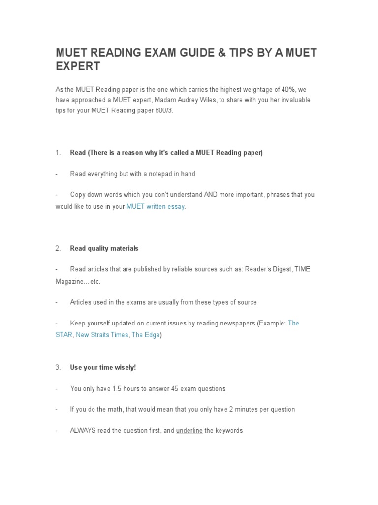 Muet Reading Exam Guide & Tips by A Muet Expert | PDF | Test ...