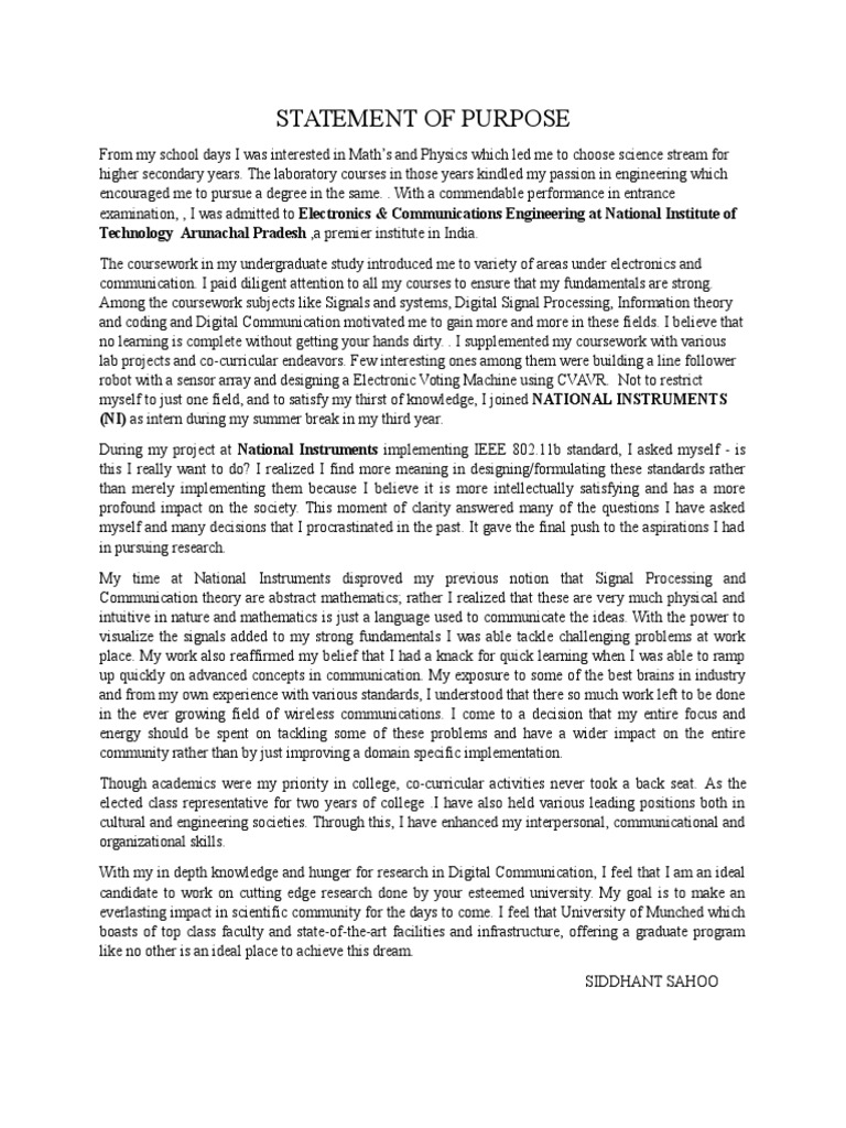 Statement of Purpose: Technology Arunachal Pradesh, A Premier Institute ...