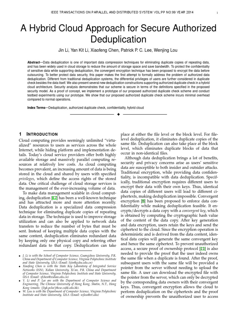 A Hybrid Cloud Approach For Secure Authorized Deduplication | PDF