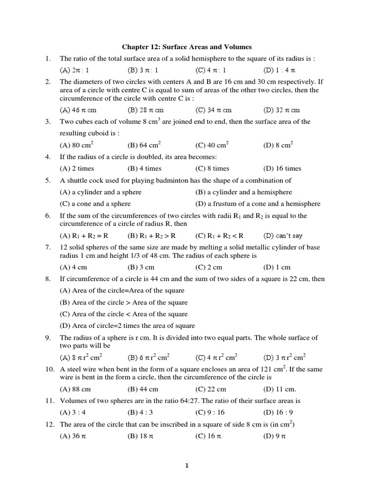 SA and Volume - MCQ | PDF | Sphere | Area