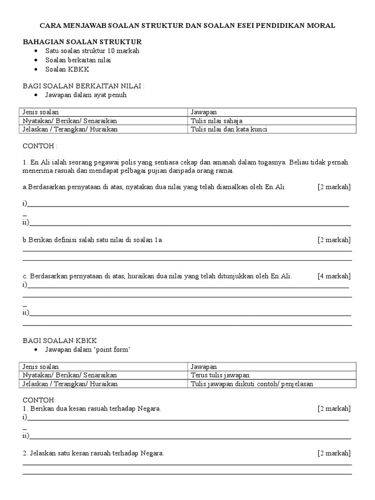 Cara Menjawab Soalan Struktur Dan Soalan Esei Pendidikan Moral | PDF