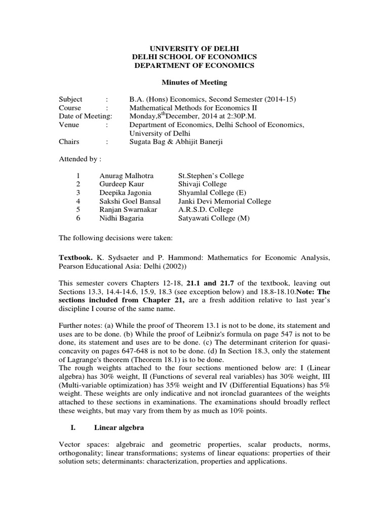 B.a.H Eco. 2nd Semester Mathematical Methods For Economics II ...