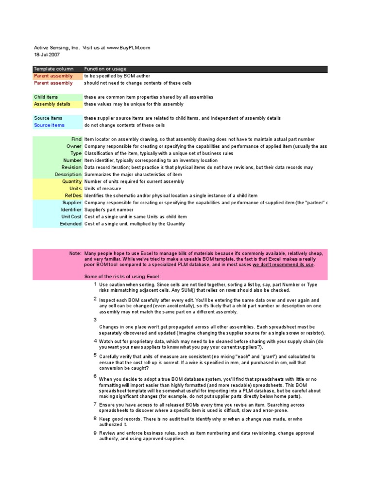 Excel Bill of Materials Bom Template | PDF | Spreadsheet | Microsoft Excel