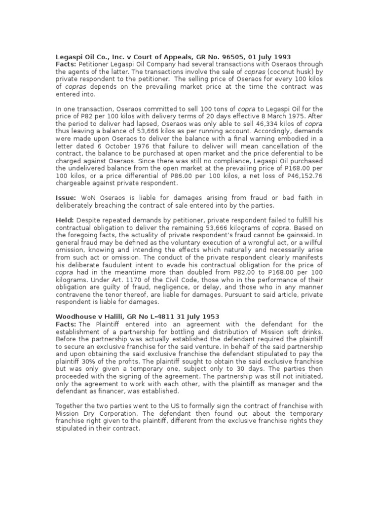 Oblicon Case Digests - Topic - Kinds of Non-Performance | Download Free ...