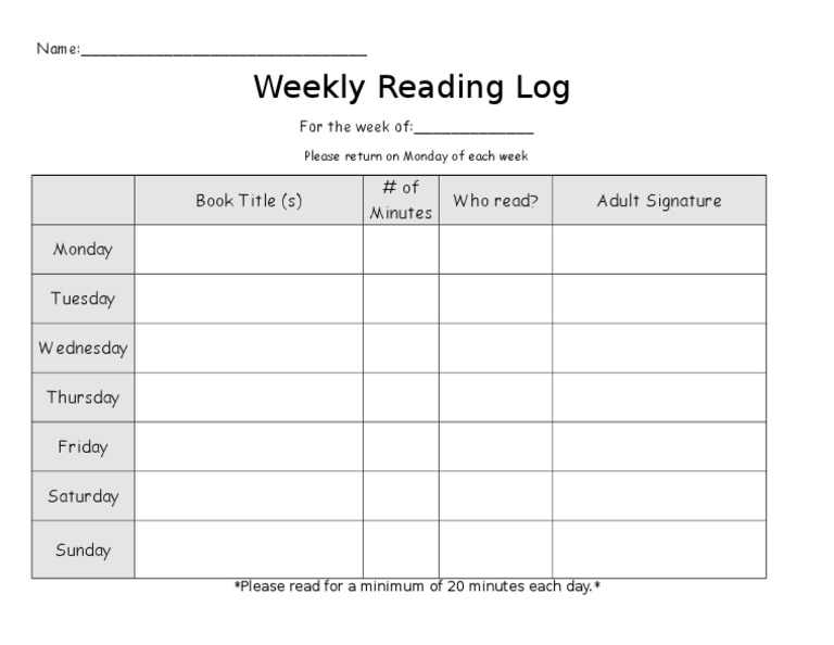 Weekly Reading Log Template | PDF | Language Arts & Discipline | Home ...
