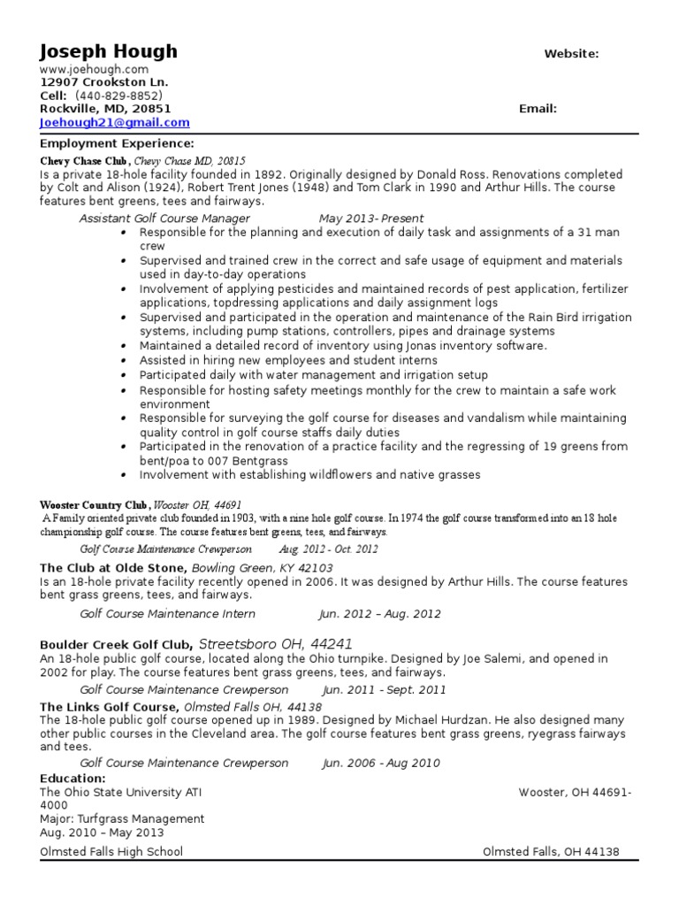 Joseph Hough - Golf Course Management Resume | PDF | Golf Course | Golf ...
