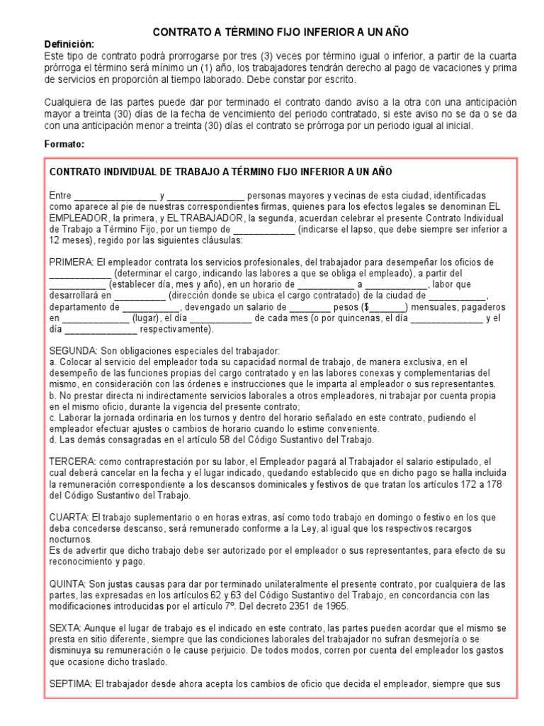 Contrato a Término Fijo Definicion y Formato