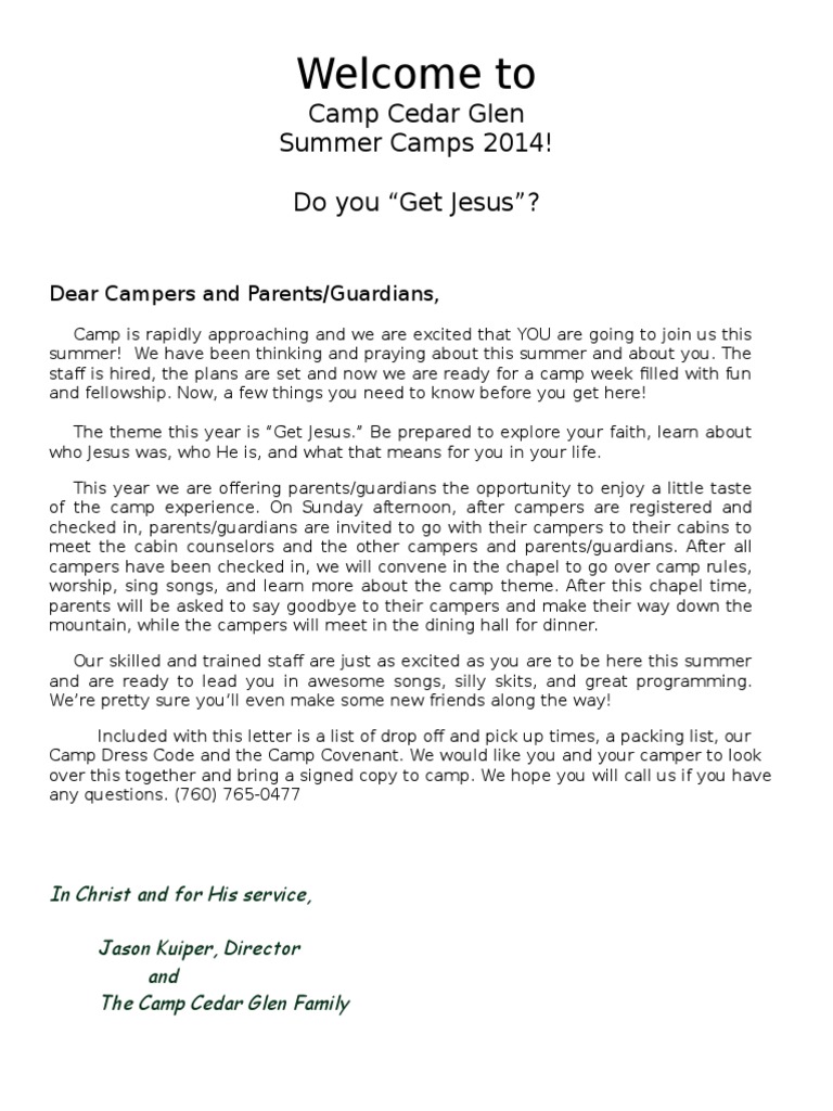 Welcome Letter 2014.doc 0 | PDF | Camping | Undergarment