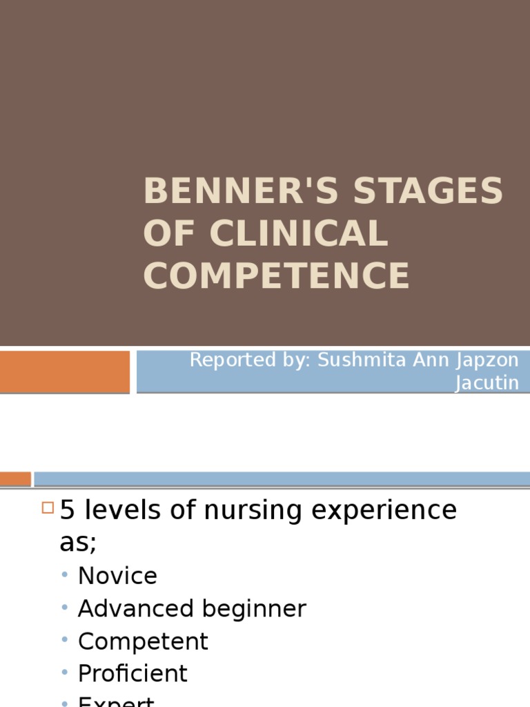 Benner'S Stages of Clinical Competence: Reported By: Sushmita Ann ...
