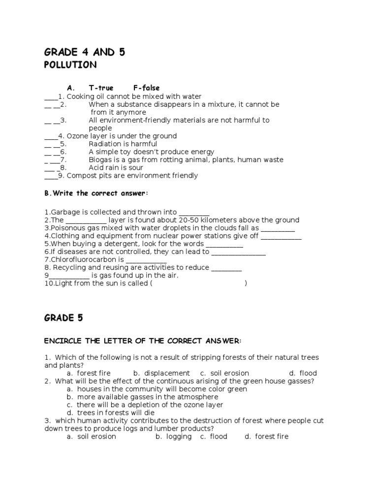 Pollution Worksheet for Grades 4-5 | PDF | Waste | Ozone Depletion