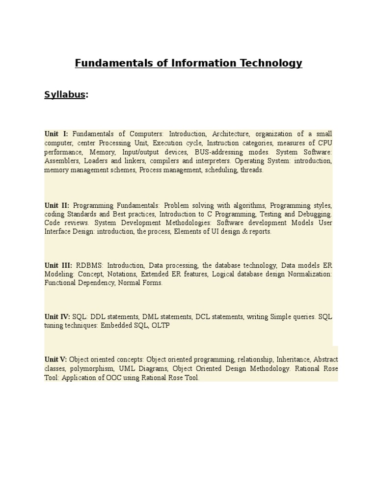 Fundamentals of Information Technology Syllabus | PDF | Art | Computers