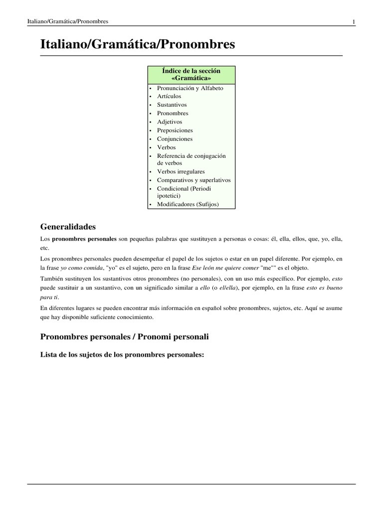 Pronombres Personales en Italiano | PDF | Artes del Lenguaje y ...