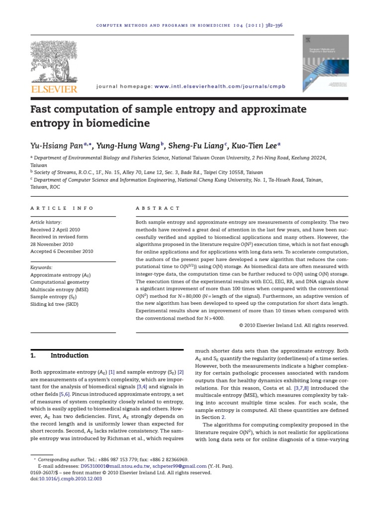 Fast Computation of Sample Entropy and Approximate Entropy in Biomedicine | Descargar gratis PDF ...