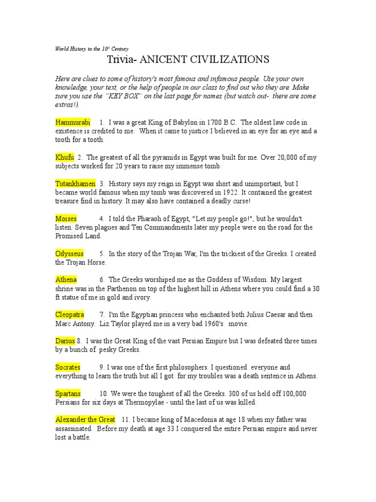 Ancient Civilizations Trivia Quiz | PDF | Ancient Rome | Achaemenid Empire