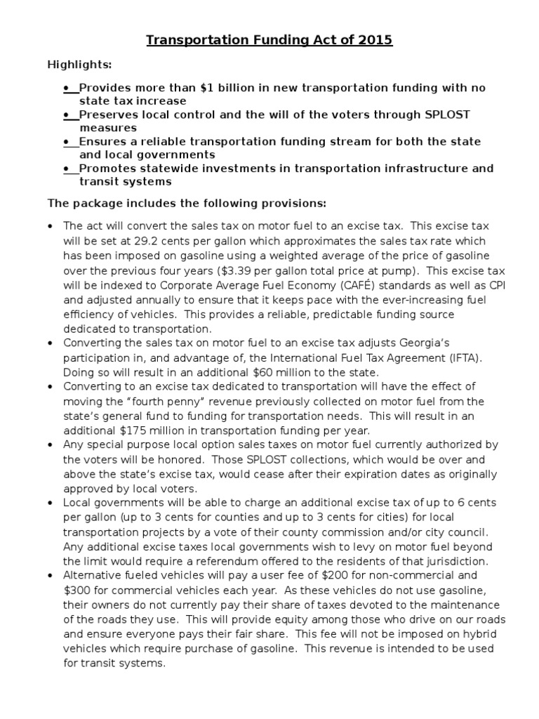 Fact Sheet On The Georgia Transportation Plan | PDF | Excise | Taxation