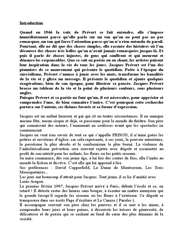 Jacques Prévert : Vie et Poésie | PDF | Humour | Poésie