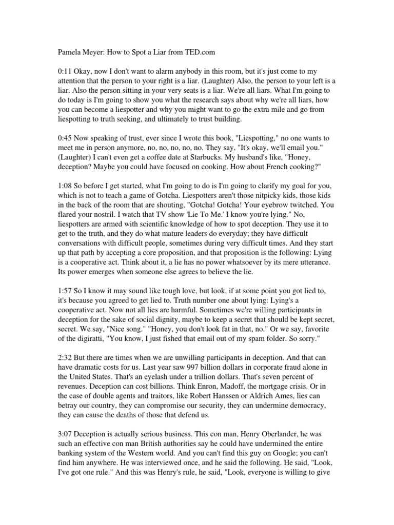 Pamela Meyer-How To Spot A Liar Talk Transcript | PDF | Lie | Deception
