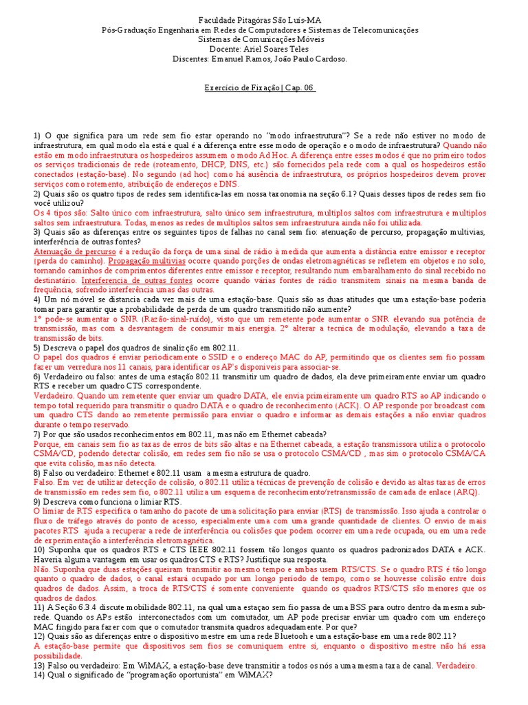 Exercicio Redes Móveis Livro de Redes | PDF | Sem fio | Ieee 802.11