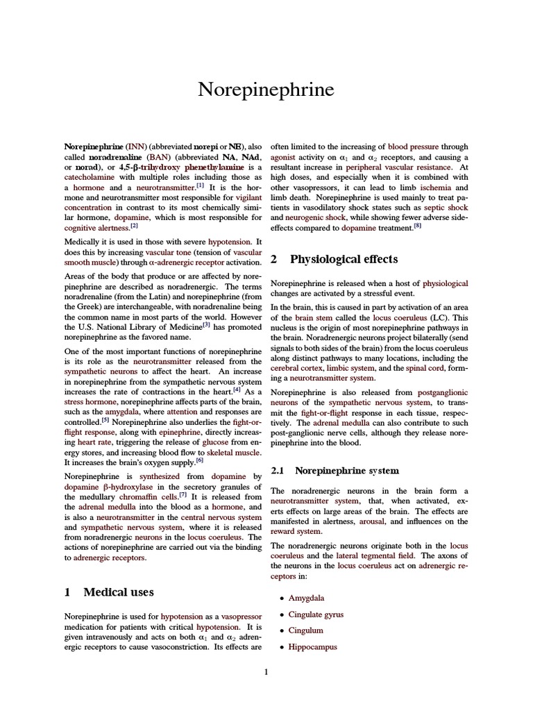 Norepinephrine: 2 Physiological Effects | PDF | Norepinephrine ...