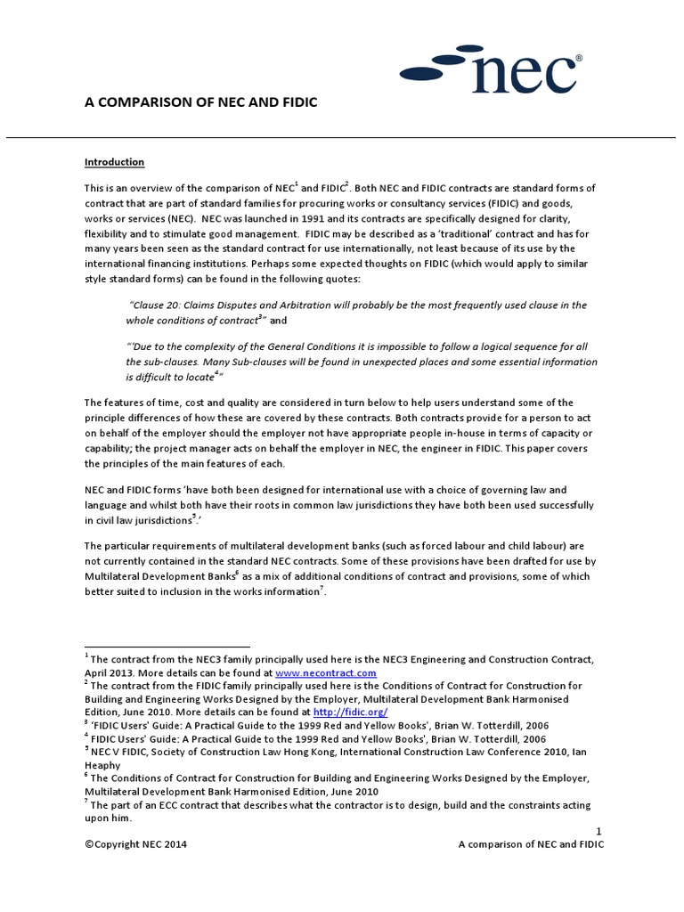 A Comparison of NEC and FIDIC by Rob Gerrard | PDF | Construction Law ...