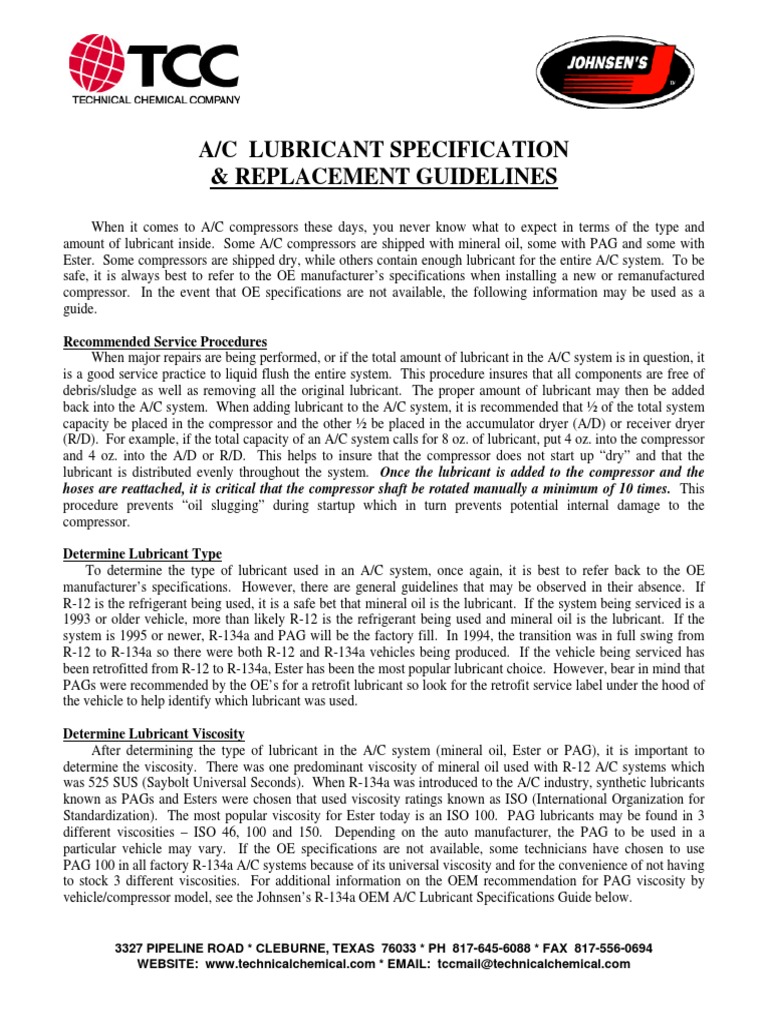 A/C Lubricant Specification & Replacement Guidelines: Recommended ...