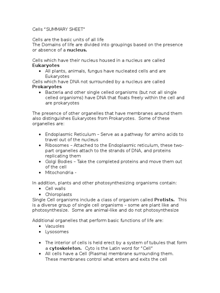 Cells Summary Sheet | PDF | Cell (Biology) | Cell Membrane