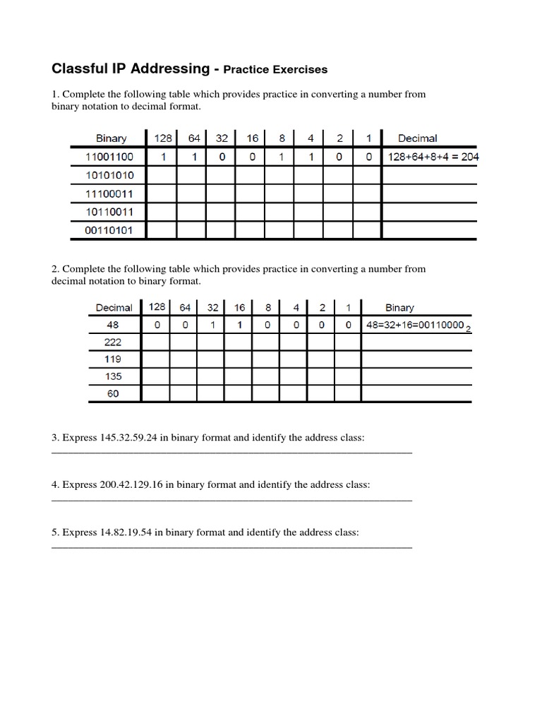 Classful IP Addressing - : Practice Exercises | PDF | Decimal | Osi Protocols