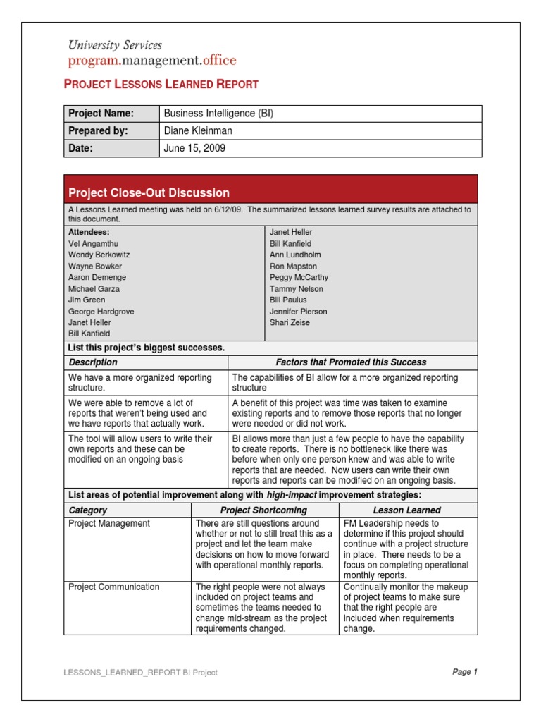 Lessons Learned Report | Specification (Technical Standard) | Leadership