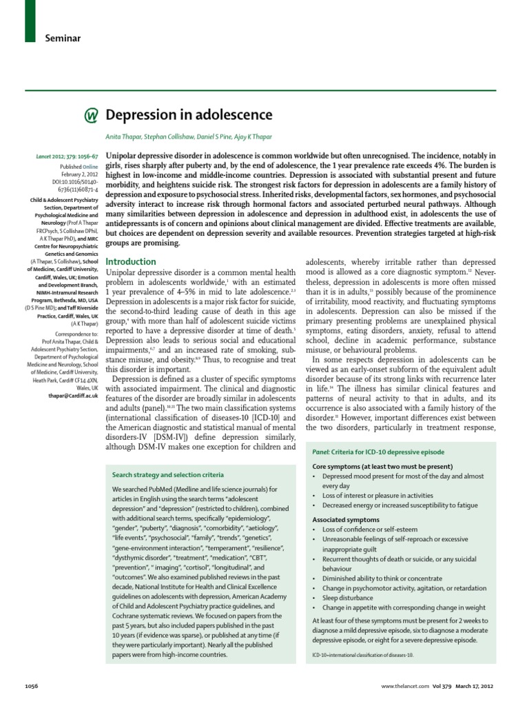 Depression in Adolescence | PDF | Major Depressive Disorder | Cognitive ...