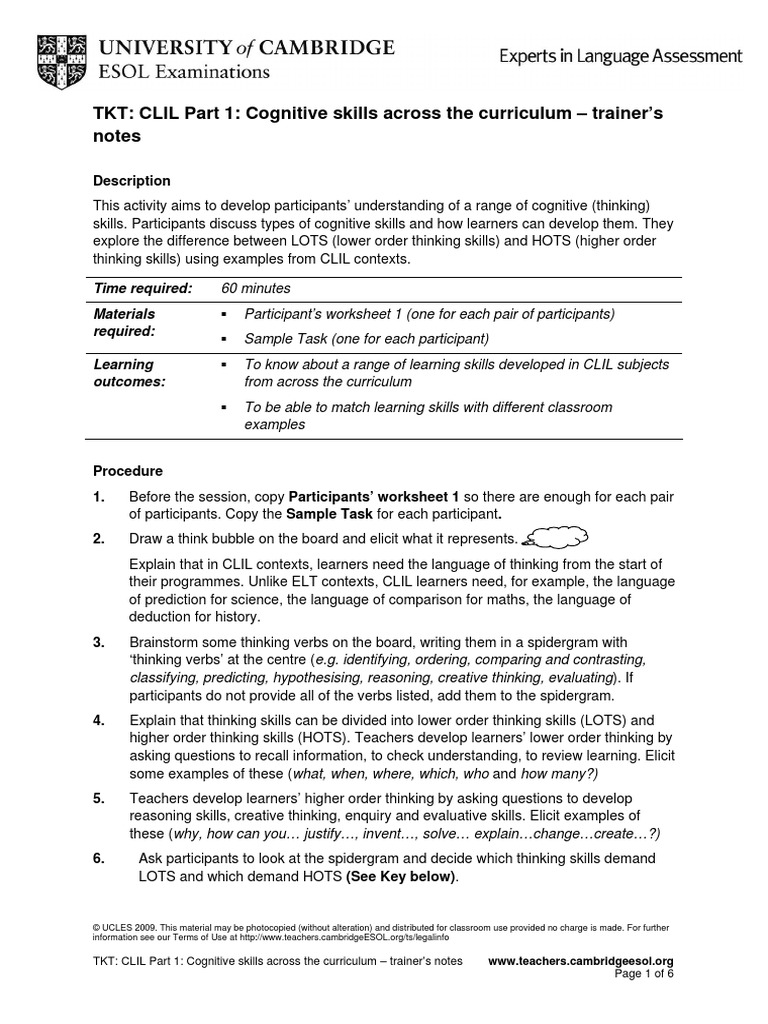 TKT: CLIL Part 1: Cognitive Skills Across The Curriculum - Trainer's ...