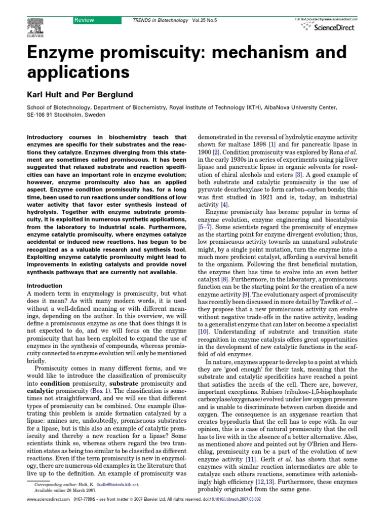 Hult2007 Enzyme Promiscuity Mechanism and Applications | PDF | Enzyme ...