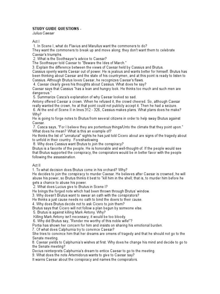 Julius Caesar Study Guide Questions | PDF | Marcus Junius Brutus The ...