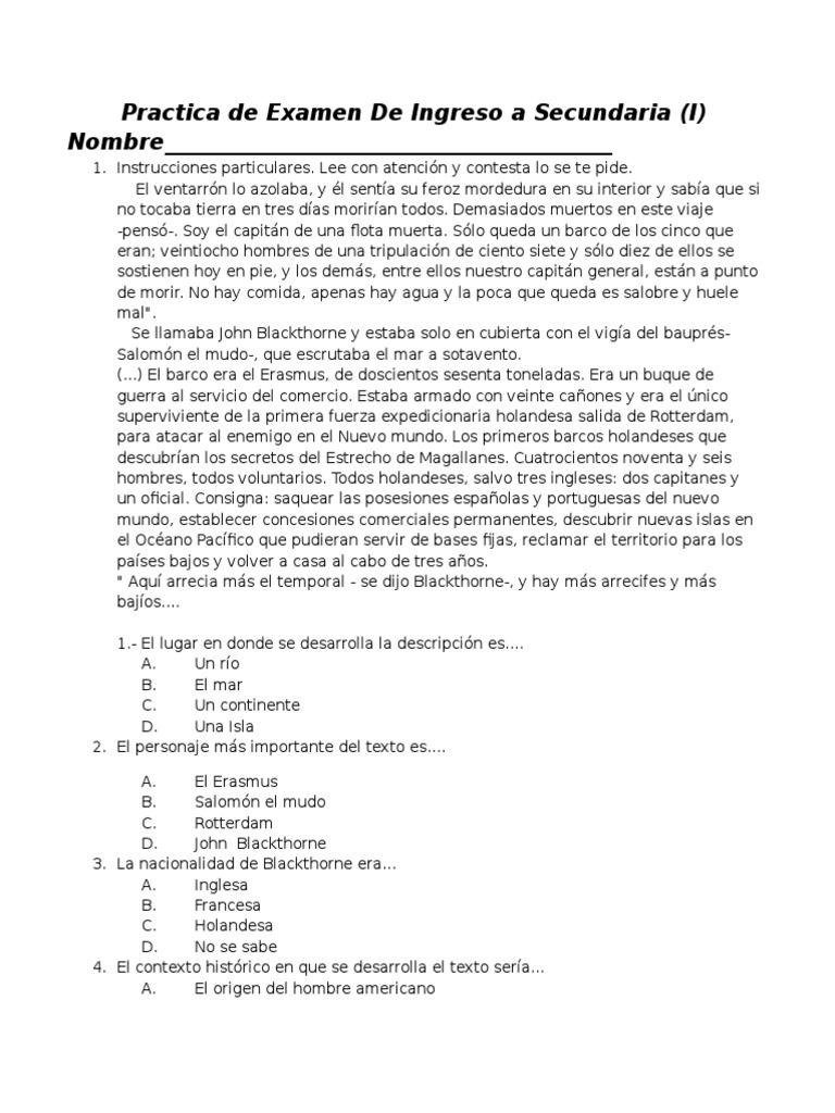 Practica De Examen De Ingreso A Secundaria