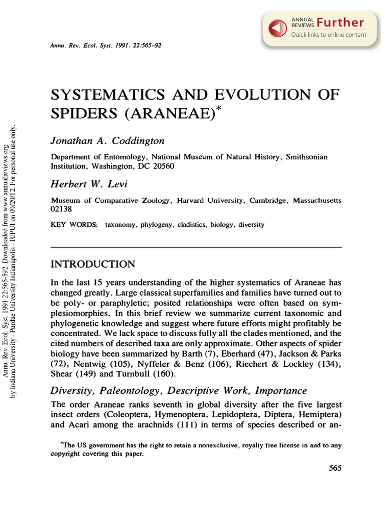 Systematics and Evolution of Spiders (Araneae) : Jonathan A. Coddington ...
