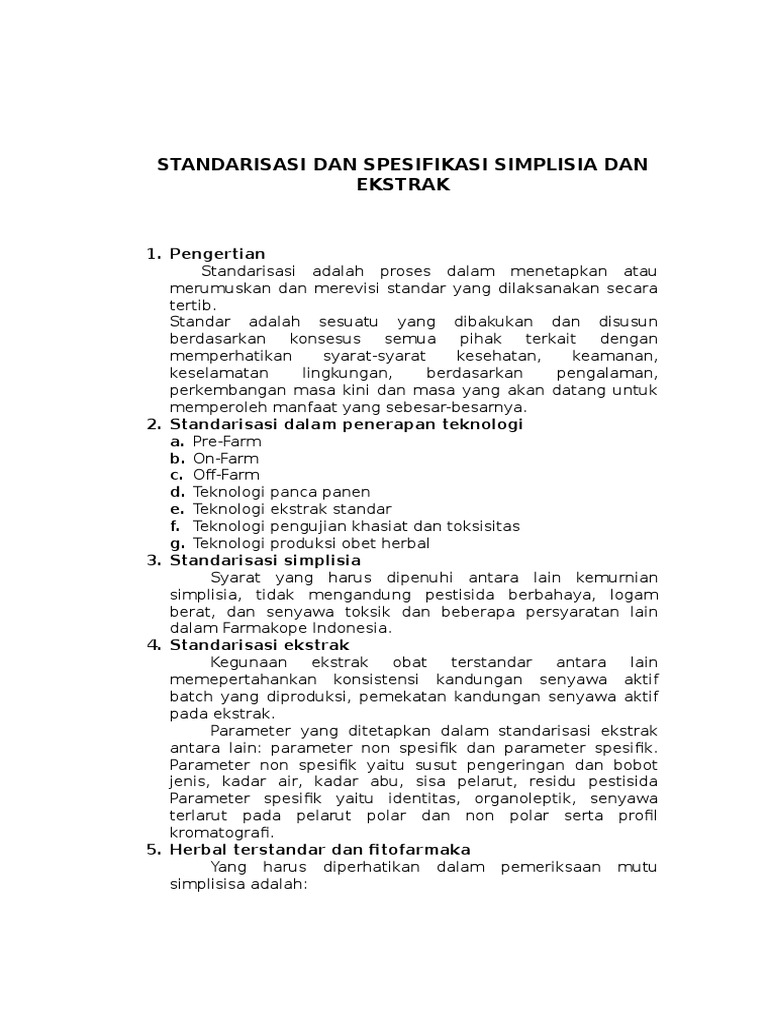 Standarisasi & Spesifikasi Simplisia Dan Ekstrak | PDF