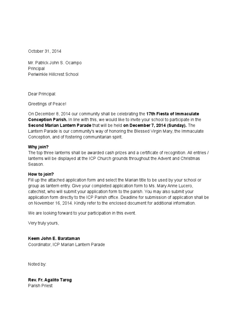 Invitation Letter To Schools To Participate in The Marian Lantern ...