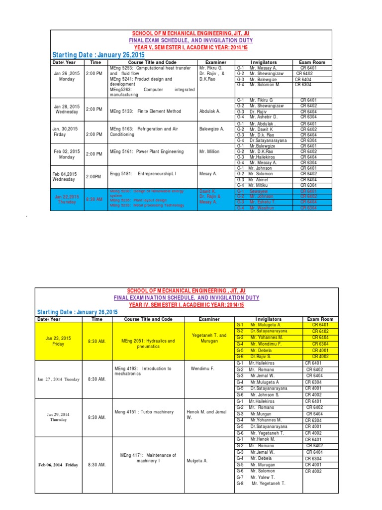 Final Examination Schedule, and Invigilation Duty | PDF