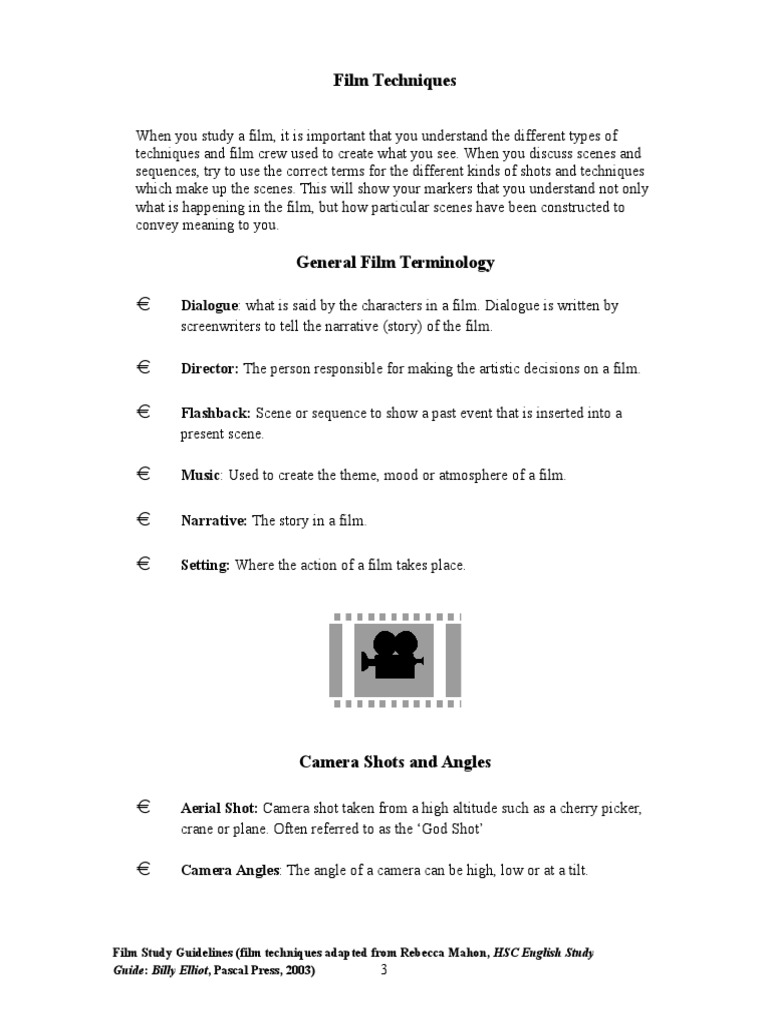 Film Techniques: Film Study Guidelines (Film Techniques Adapted From ...