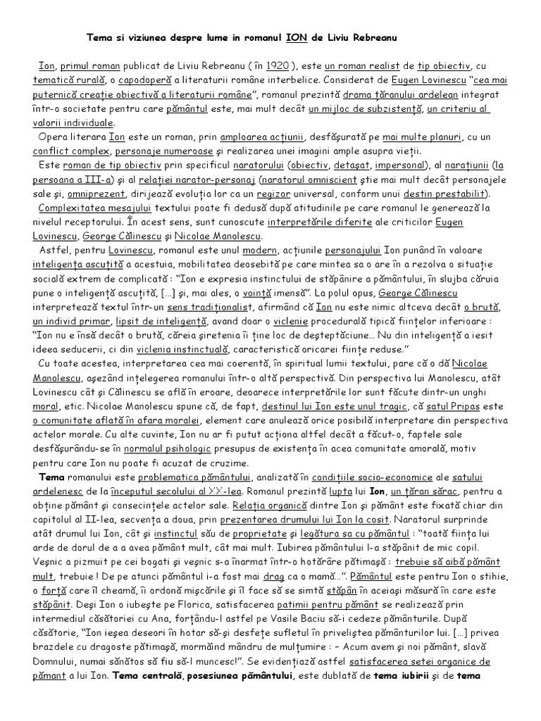 Tema Si Viziunea Despre Lume in Romanul ION de Liviu Rebreanu | PDF