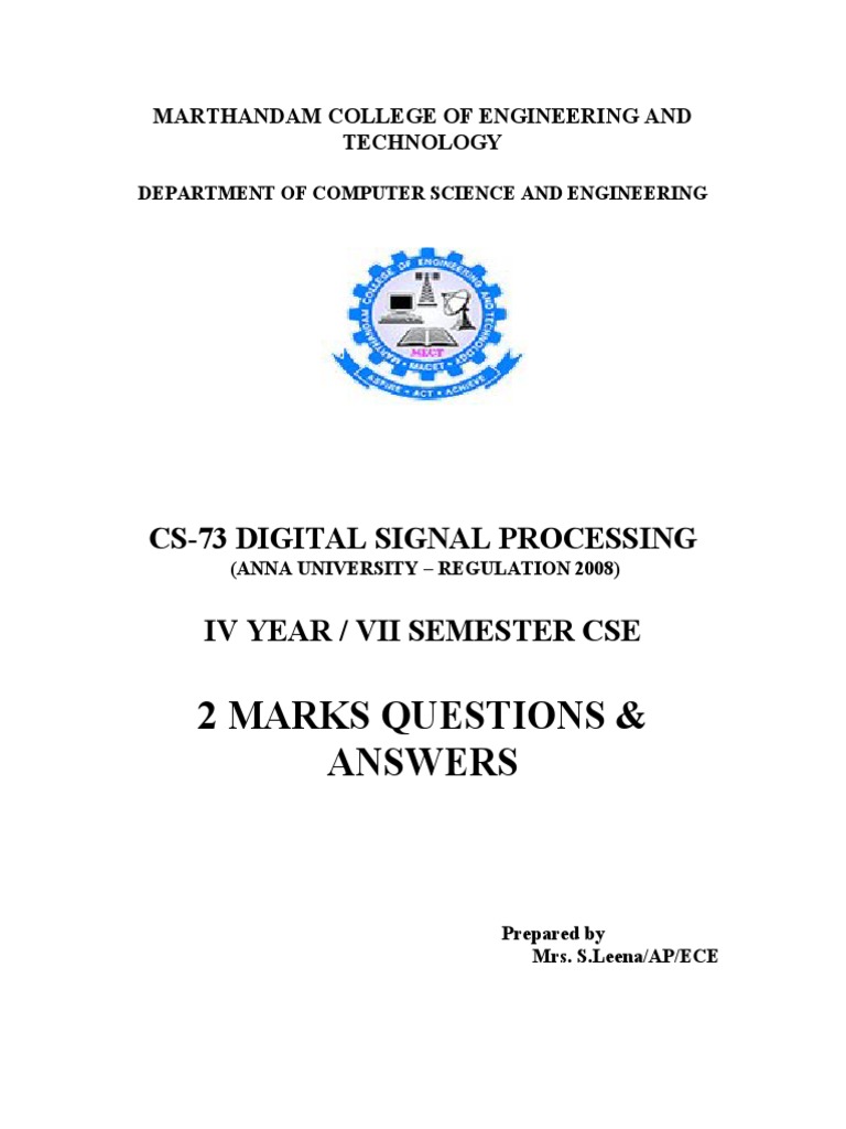 2 Marks Questions & Answers: Cs-73 Digital Signal Processing Iv Year / Vii Semester Cse | PDF ...