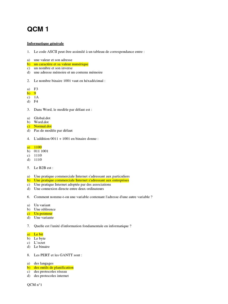 QCM Informatique Générale | PDF | Protocole de transfert hypertexte | l'Internet